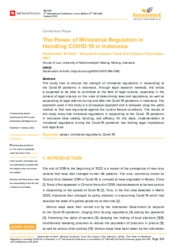 (PDF) The Power of Ministerial Regulation in Handling COVID-19 in Indonesia