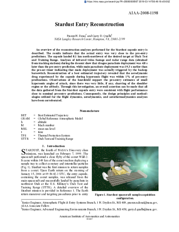 (PDF) Stardust Entry Reconstruction