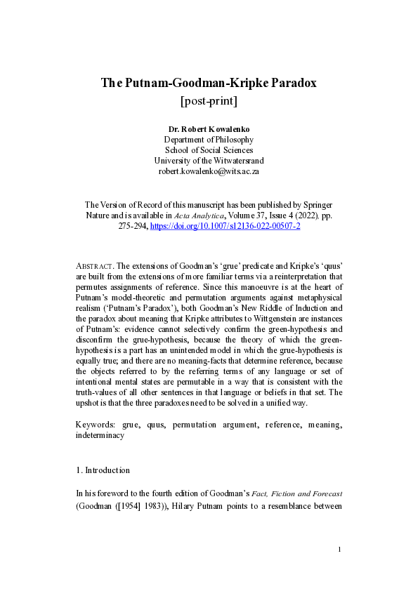 (PDF) Kowalenko 2022 'The Putnam-Goodman-Kripke Paradox' [post-print]