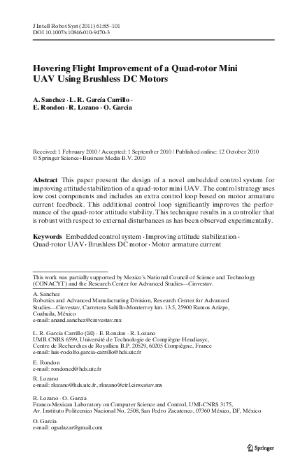 (PDF) Hovering Flight Improvement of a Quad-rotor Mini UAV Using Brushless DC Motors