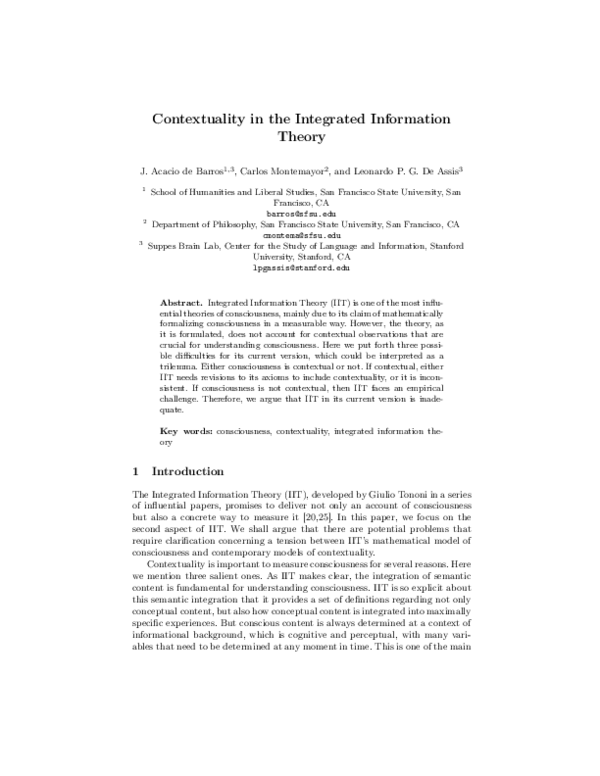 (PDF) Contextuality in the Integrated Information Theory