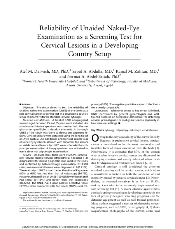 (PDF) Reliability of Unaided Naked-Eye Examination as a Screening Test ...