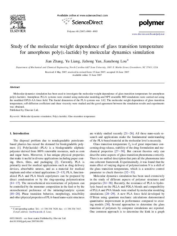 (PDF) Study of the molecular weight dependence of glass transition temperature for amorphous ...