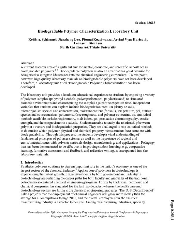 (PDF) Biodegradable Polymer Characterization Laboratory Unit
