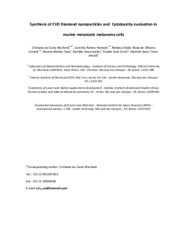 (PDF) Synthesis of CVD Diamond nanoparticles and Cytotoxicity ...