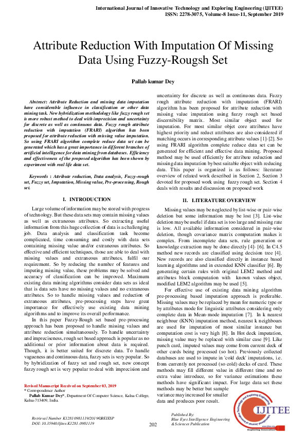 Pdf Attribute Reduction With Imputation Of Missing Data Using Fuzzy Rougsh Set