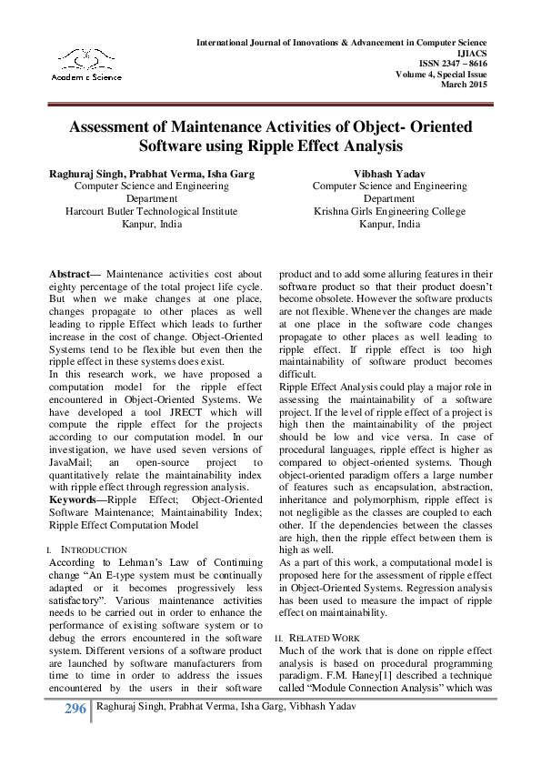 (PDF) Assessment of Maintenance Activities of Object-Oriented Software using Ripple Effect Analysis