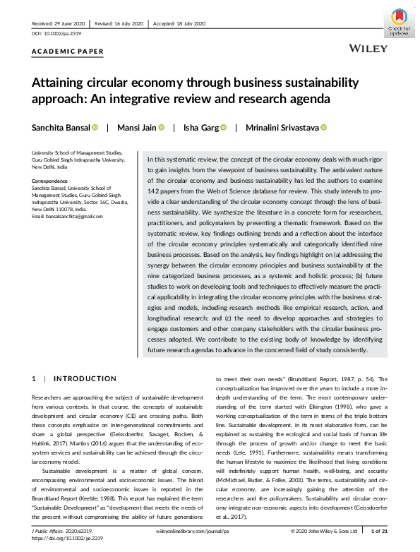 (PDF) Circular Economy in Business Sustainability: A Systematic Review
