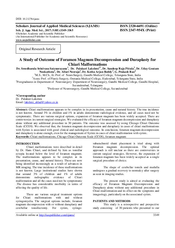 (PDF) A Study of Outcome of Foramen Magnum Decompression and Duraplasty ...