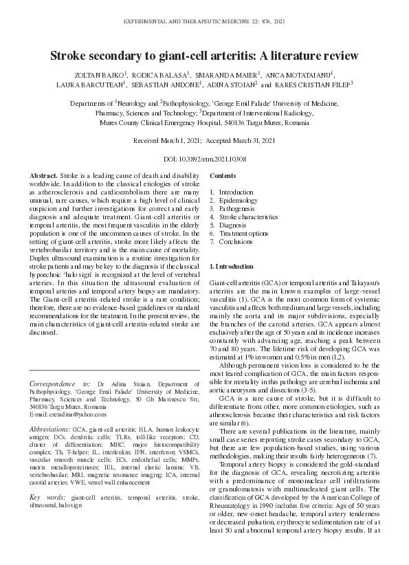 Pdf Stroke Secondary To Giant Cell Arteritis A Literature Review