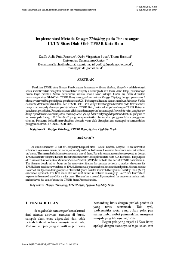 (PDF) Implementasi Metode Design Thinking pada Perancangan UI/UX Situs Olah-Oleh TPS3R Kota Batu ...