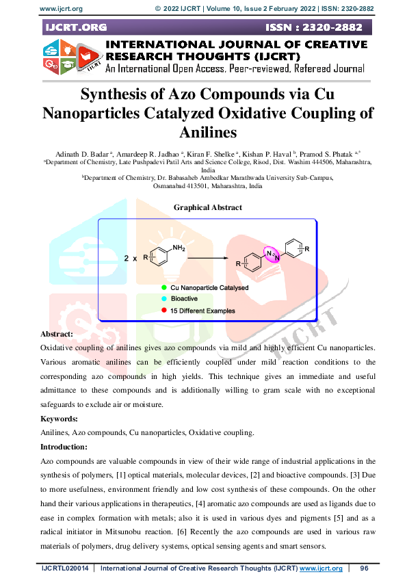 (PDF) Synthesis of Azo Compounds via Cu Nanoparticles Catalyzed ...