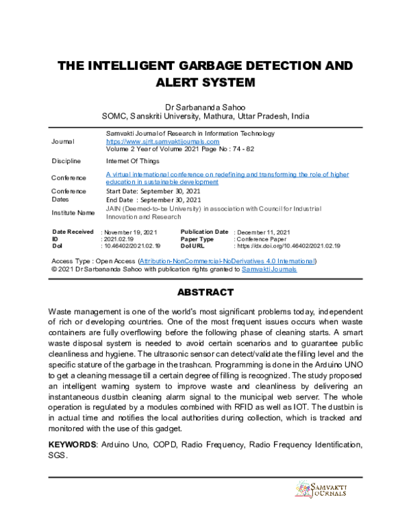 Pdf The Intelligent Garbage Detection And Alert System