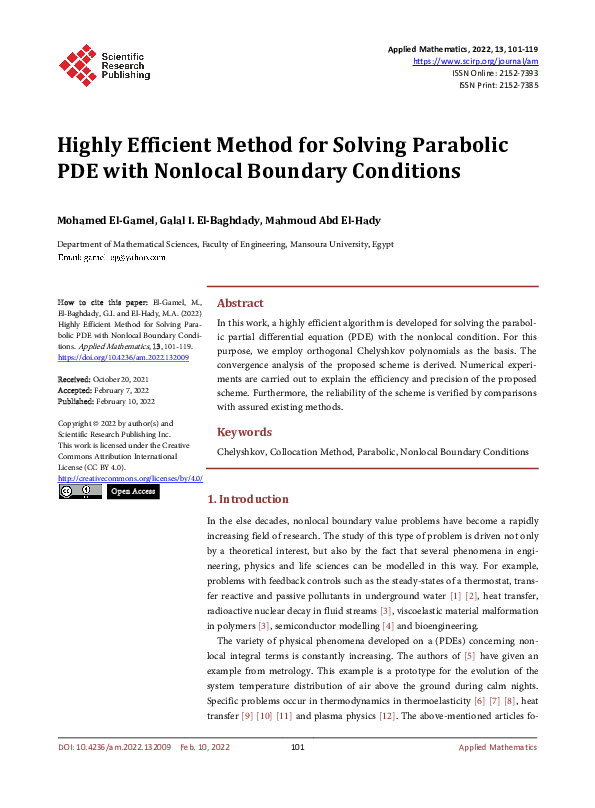 (PDF) Highly Efficient Method for Solving Parabolic PDE with Nonlocal Boundary Conditions