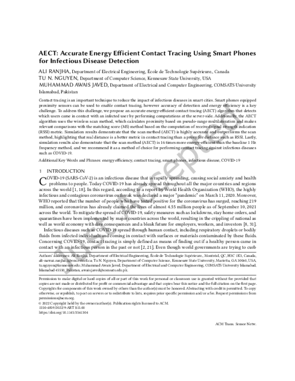 (PDF) AECT: Accurate Energy Efficient Contact Tracing Using Smart Phones for Infectious Disease ...