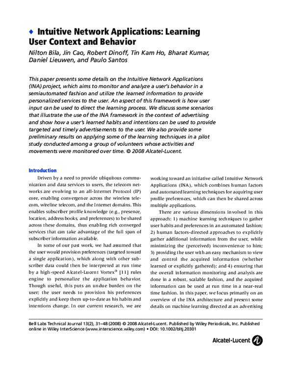 (PDF) Intuitive network applications: Learning user context and behavior