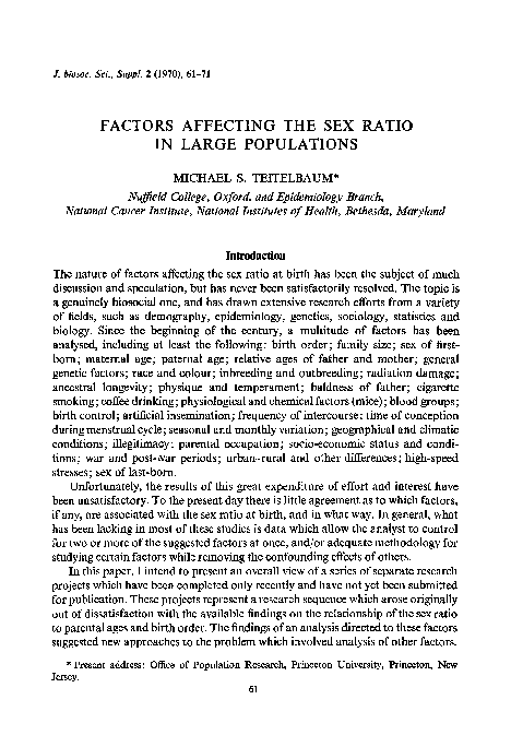 Pdf Factors Affecting The Sex Ratio In Large Populations