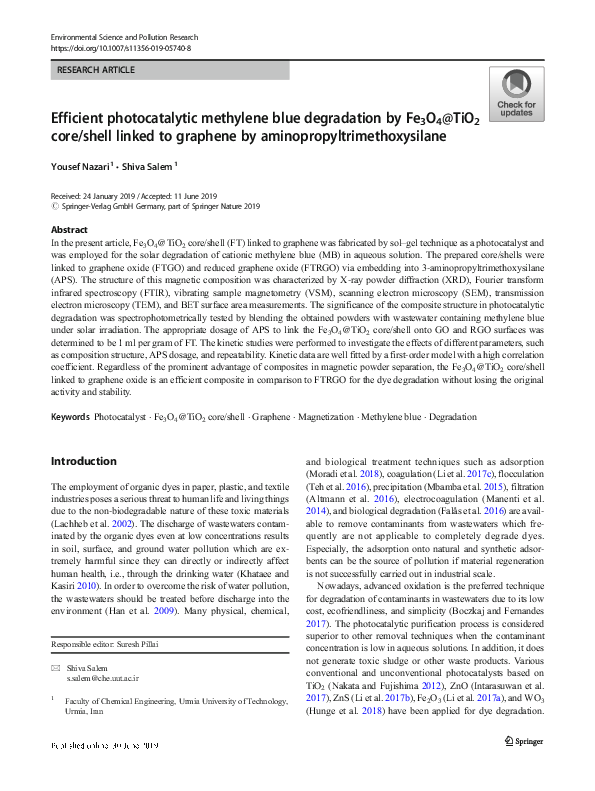 Pdf Efficient Photocatalytic Methylene Blue Degradation By Fe3o4 Tio2 Core Shell Linked To