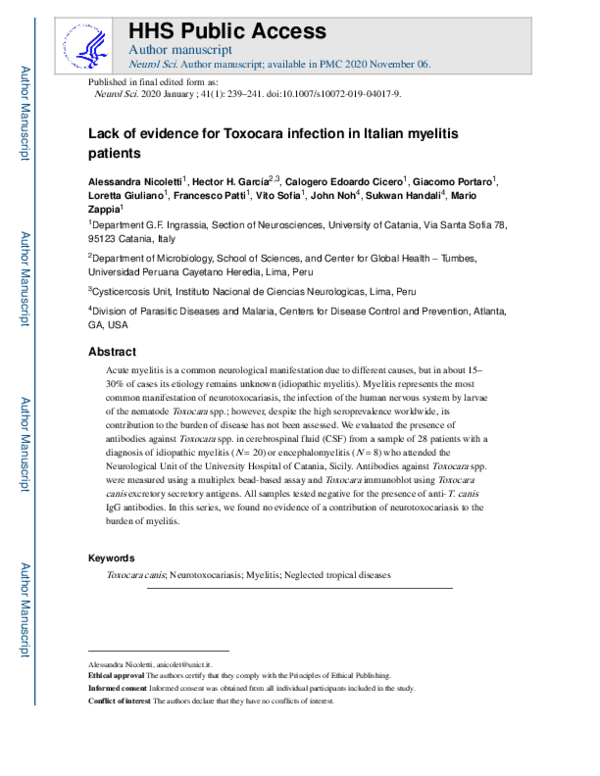 (PDF) Lack of evidence for Toxocara infection in Italian myelitis patients