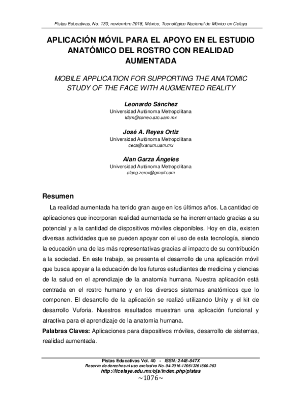 (PDF) Aplicación Móvil Para El Apoyo en El Estudio Anatómico Del Rostro Con Realidad Aumentada ...