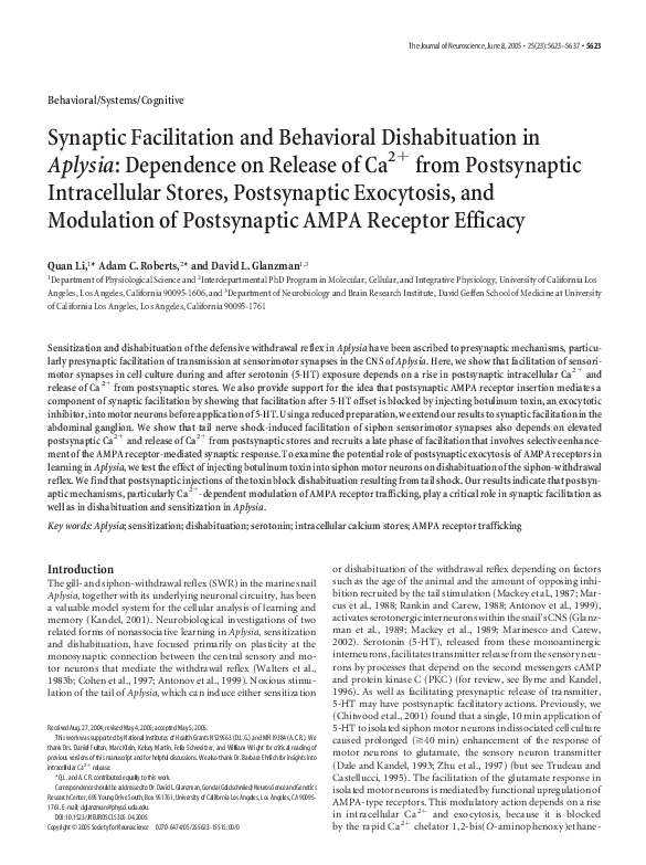 (PDF) Synaptic Facilitation and Behavioral Dishabituation in Aplysia ...