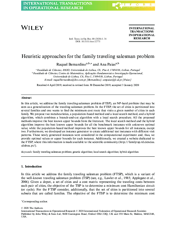 (PDF) Heuristic approaches for the family traveling salesman problem | Raquel Barros Bernardino ...