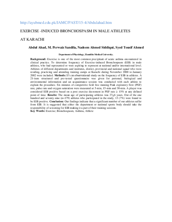 (PDF) Exercise-induced bronchospasm in male athletes at Karachi