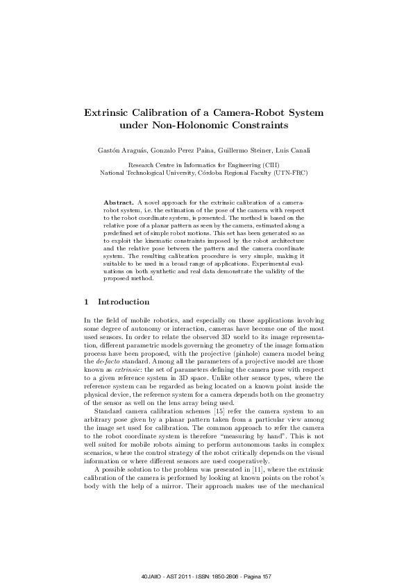 (PDF) Extrinsic calibration of a camera-robot system under non-holonomic constraints