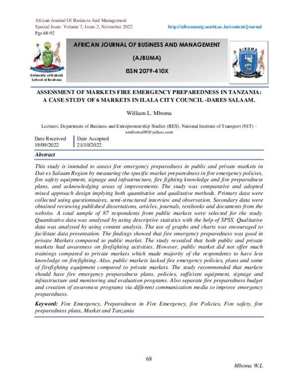 (PDF) ASSESSMENT OF MARKETS FIRE EMERGENCY PREPAREDNESS IN TANZANIA: A ...