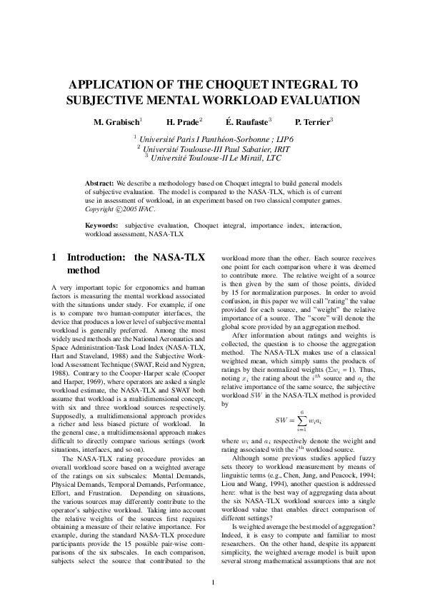 (PDF) Application of the Choquet Integral to Subjective Mental Workload Evaluation