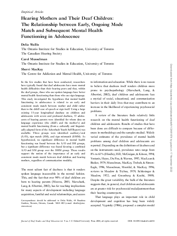 (PDF) Hearing Mothers and Their Deaf Children: The Relationship between ...