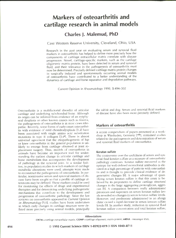 (PDF) Markers of osteoarthritis and cartilage research in animal models