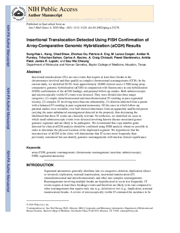 (PDF) Insertional translocation detected using FISH confirmation of array-comparative genomic ...