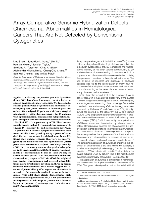 (PDF) Array Comparative Genomic Hybridization Detects Chromosomal Abnormalities in Hematological ...