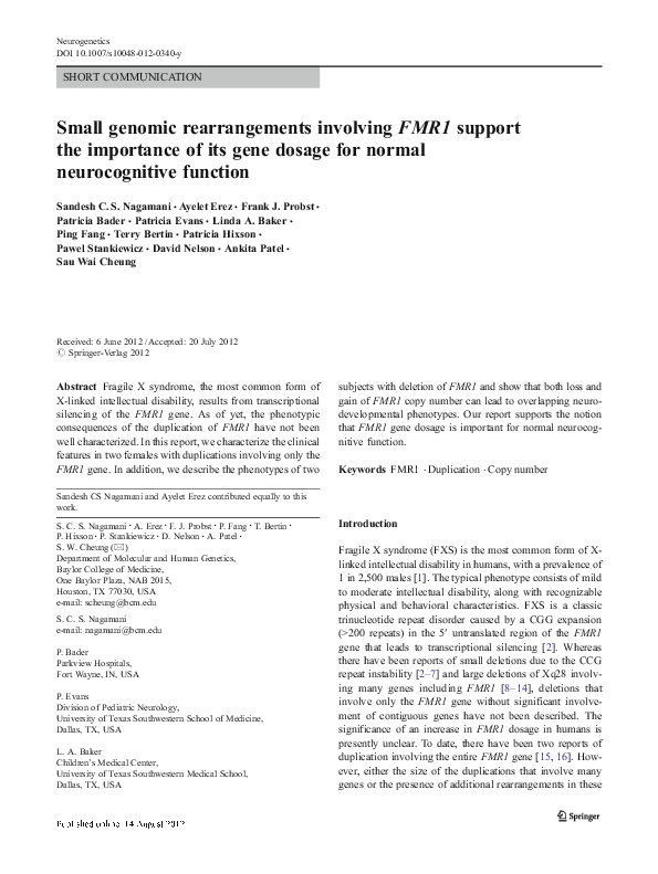 (PDF) Small genomic rearrangements involving FMR1 support the ...