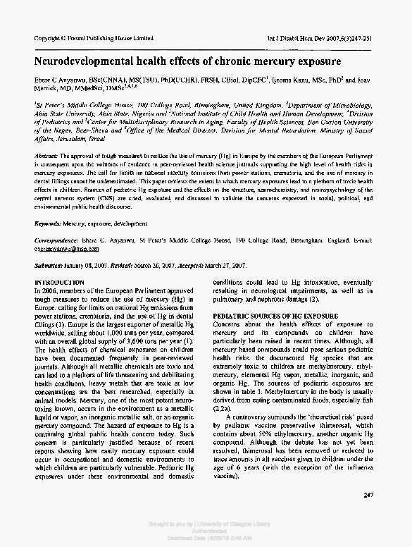 (PDF) Neurodevelopmental health effects of chronic mercury exposure. A review