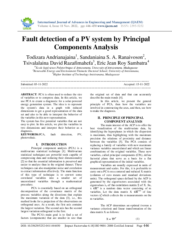 Pdf Fault Detection Of A Pv System By Principal Components Analysis