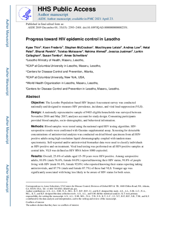 (PDF) Progress toward HIV epidemic control in Lesotho
