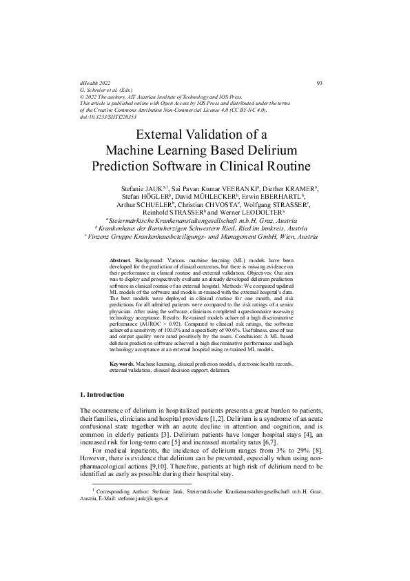 (PDF) External Validation of a Machine Learning Based Delirium Prediction Software in Clinical ...