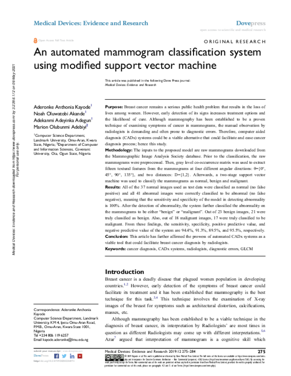 (PDF) An automated mammogram classification system using modified support vector machine