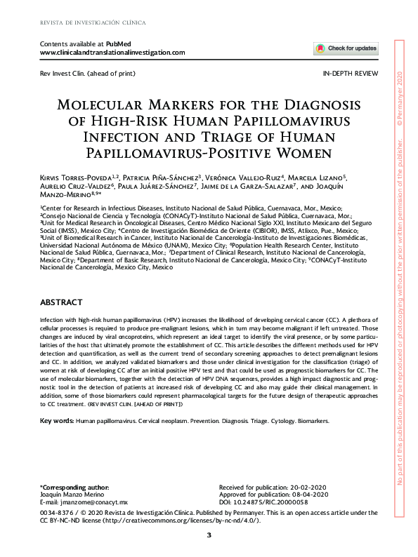 (PDF) Molecular Markers for the Diagnosis of High-Risk Human Papillomavirus Infection and Triage ...