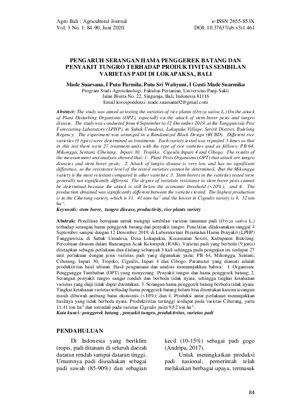 Pdf Pengaruh Serangan Hama Penggerek Batang Dan Penyakit Tungro