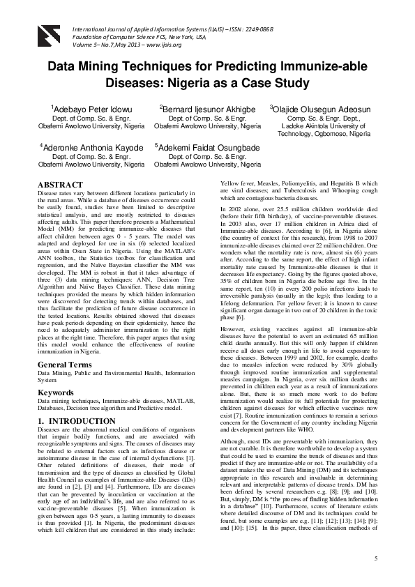 (PDF) Data Mining Techniques for Predicting Immunize-able Diseases: Nigeria as a Case Study ...