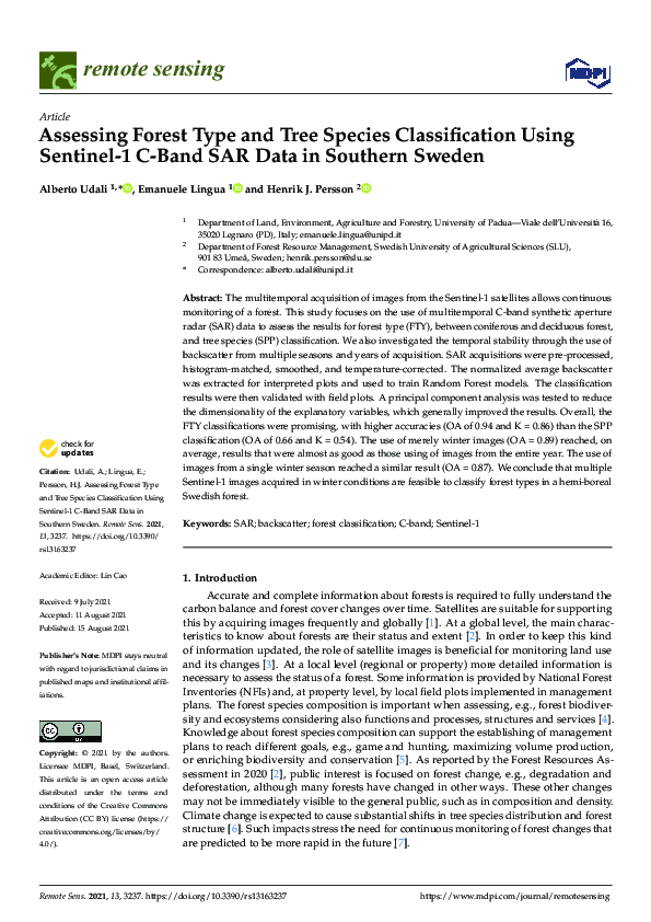 Pdf Assessing Forest Type And Tree Species Classification Using Sentinel 1 C Band Sar Data In