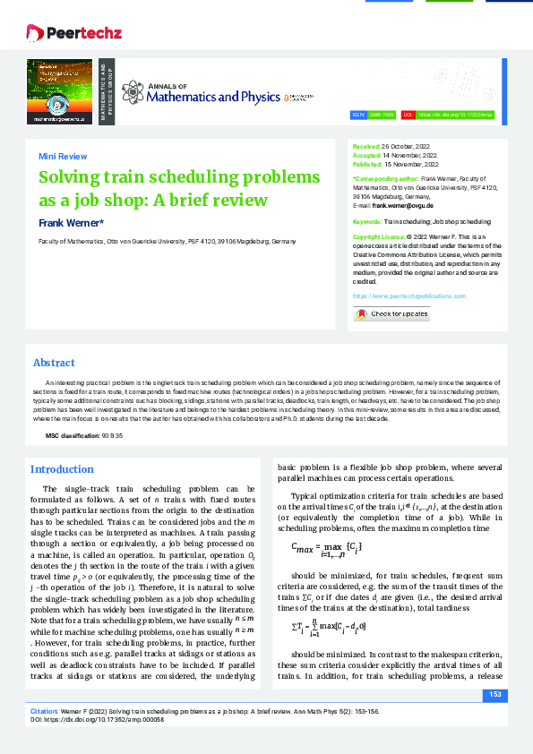 (PDF) Solving train scheduling problems as a job shop: A brief review
