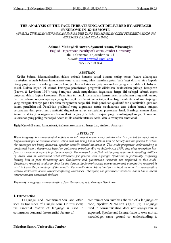 (PDF) The Analysis of the Face Threatening Act Delivered by Asperger ...