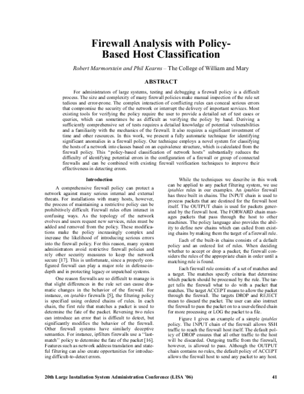 (PDF) Firewall Analysis with Policy-based Host Classification
