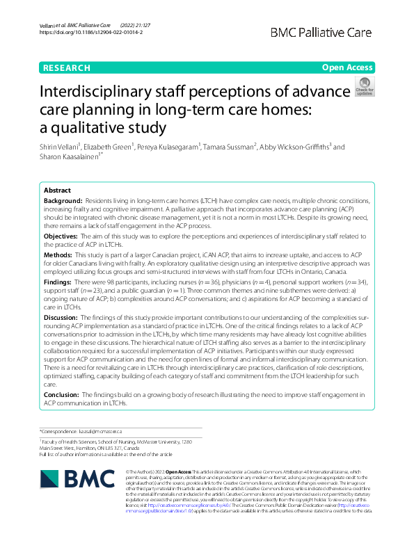 (PDF) Interdisciplinary staff perceptions of advance care planning in long-term care homes: a ...
