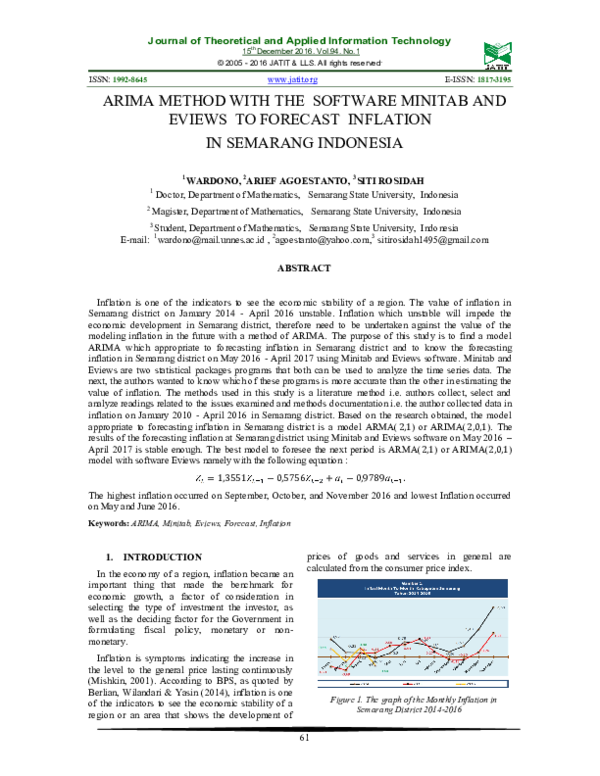 (PDF) Arima Method with the Software Minitab and Eviews to Forecast Inflation in Semarang Indonesia