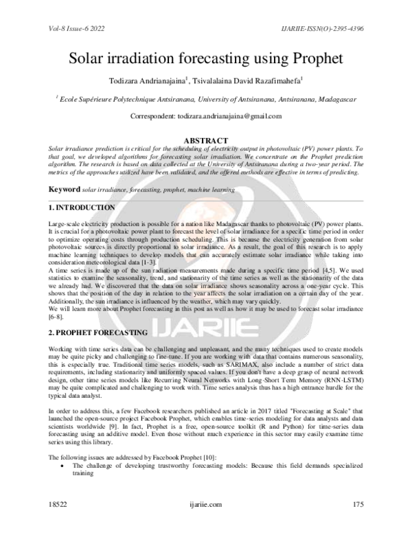 Pdf Solar Irradiation Forecasting Using Prophet